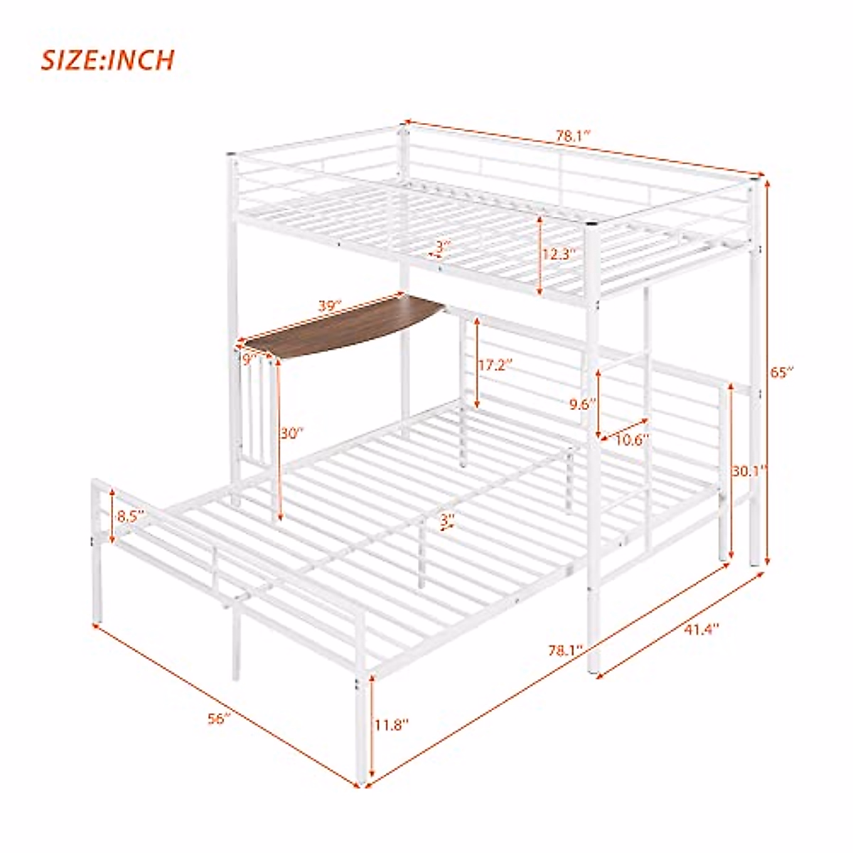 Tidyard Twin Over Full Metal Bunk Bed with Desk, Ladder and Quality Slats for Bedroom, Metallic White for Bedroom Dorm Guest Room Home Furniture