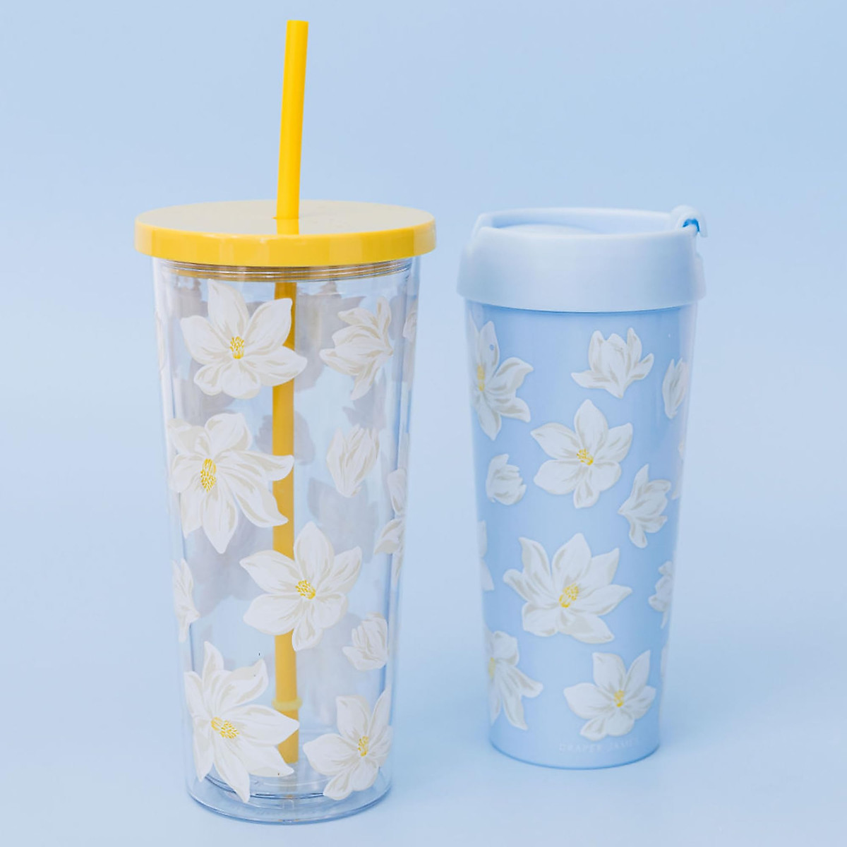 Draper James Travel Tumbler with Lid and Straw, 24 Ounce Insulated Cup, Clear Floral Plastic Double Wall Tumbler, Magnolias