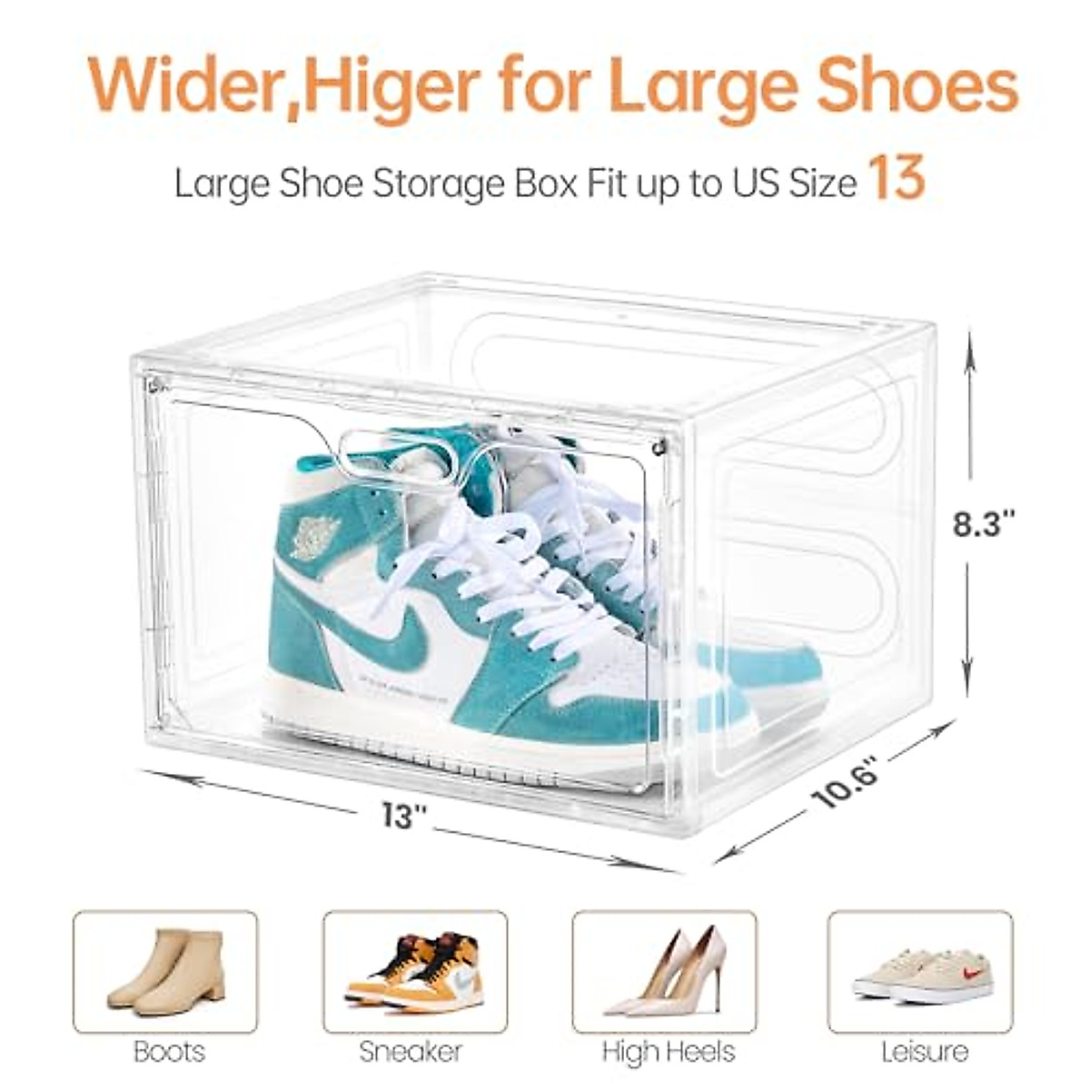 Amllas 8 Pack Shoe Boxes Clear Plastic Stackable, Large Shoe Storage Organizer with Lids,Drop Side Shoe Containers for Entryway,Sneaker Storage Fit up to US Size 13 for Men/Women(13’’x 10.6”x 8.3”)