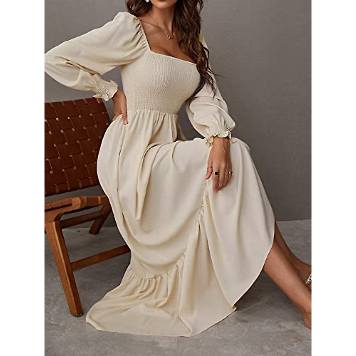 WDIRARA Women's Square Neck Flounce Shirred Ruffle Hem Elegant Long Sleeve Maxi Dress Apricot L