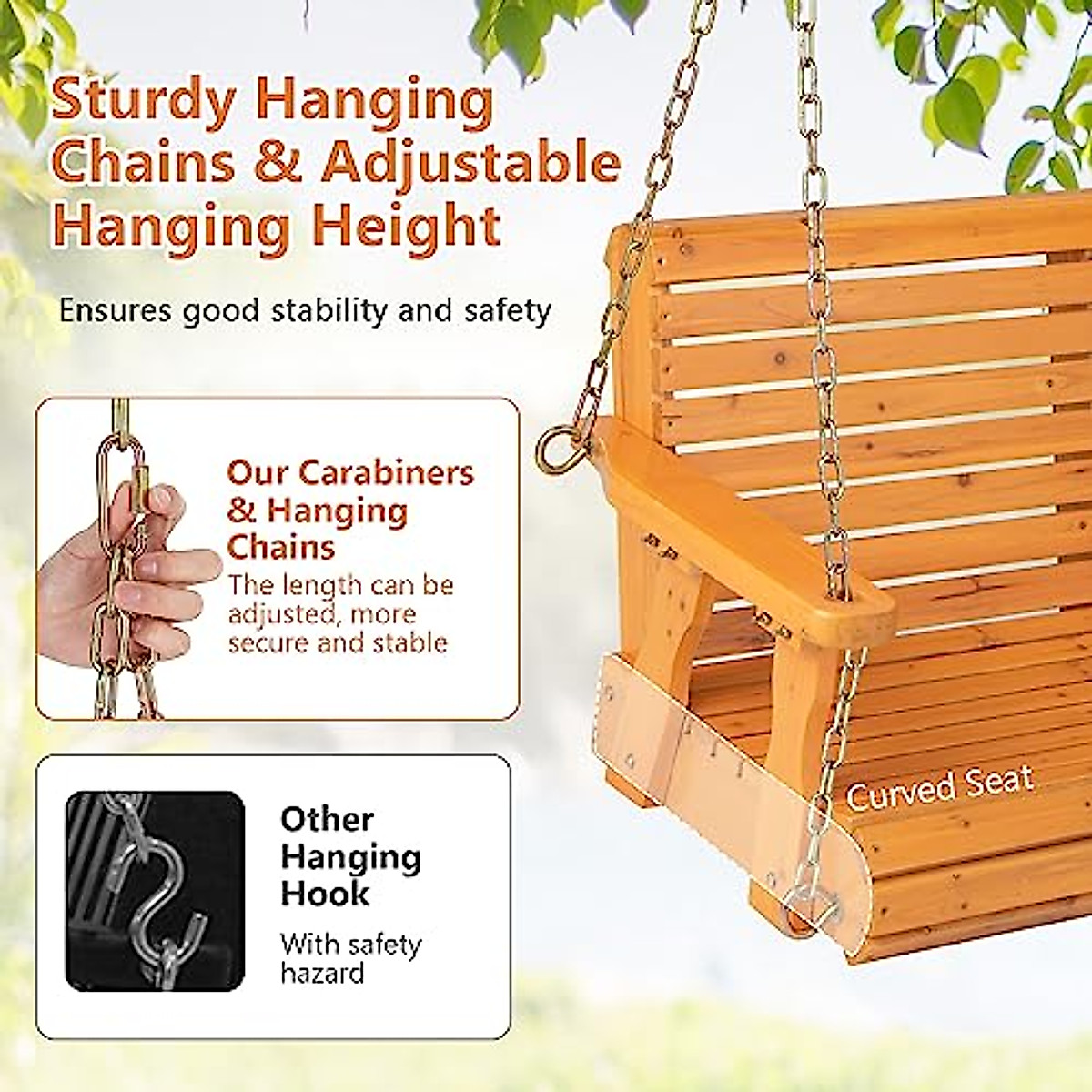 Tangkula 2 Person Hanging Porch Swing, Outdoor Bench Swing with Adjustable Chains, High Back, Cozy Armrests, Wooden Tree Swing Chair for Patio Backyard Deck Garden (Natural)
