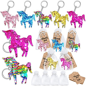CiciBear 60 Pack Double-Deck Unicorn Sequin Keychain Set with 20 Unicorn Keychains, 20 Thank You Tags and 20 Gift Bags for Forest Animal Party Favor, Kids and Adult Birthday, Baby Shower, 5 Colors