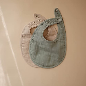 mushie Muslin Baby Bib | Soft Cotton for Infant Drips, Drools & Feedings | Adjustable Fit | 2 Pack (Roman Green/Fog)