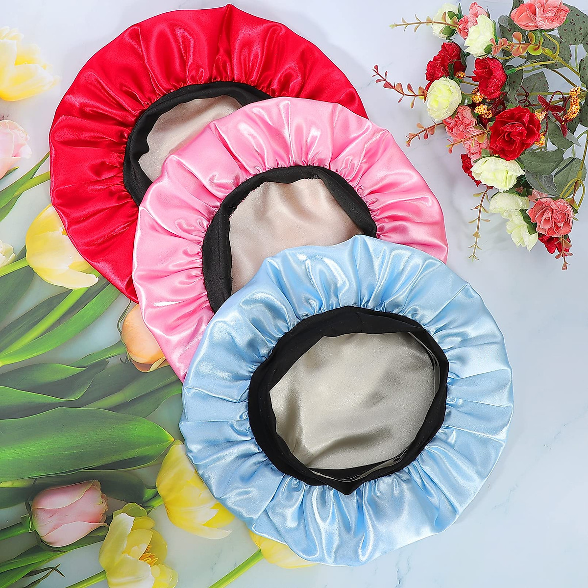 3 Pack Kids Satin Bonnet,Double Layer Child Sleeping Cap,Silky Night Sleep Caps Elastic Wide Band,Soft Breathable Satin Caps,Kids Hair Bonnets for Girls Baby Toddler Teens (Pink+Blue+Red)