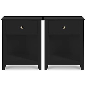 Vikiullf Black Nightstands with Drawer - Set of 2 Modern Bedroom Night Stands, Wood Bedside Tables with 1 Storage Drawer and Open Shelf, 23.8”H