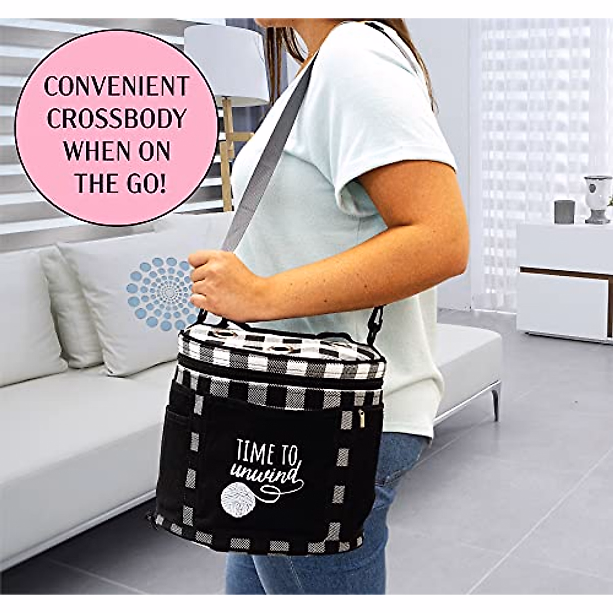 Steel Mill & Co Yarn Tote, Stylish Knitting Bag, Large Capacity Organizer for Knitting & Crochet Supplies, Craft Tote with Yarn Divider and Pockets for Hooks & Needles, Black Gingham