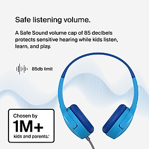 Belkin SoundForm Mini - Wireless Bluetooth Headphones for Kids with 30H Battery Life, 85dB Safe Volume Limit, Built-in Microphone - Kids On-Ear Earphones for iPhone, iPad, & More - Blue w/ Case