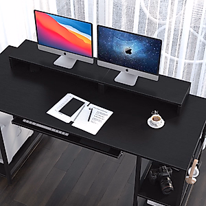 HYPIGO Workstation Desk with Keyboard Tray, 55 Inch Computer Desk with Storage Shelves Monitor Stands and 4 Iron Hooks, Industrial Desk for Home Office