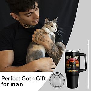 Best Cat Dad Mug Insulated Cat Paw Cup, 40 Oz Black Cat Tumbler with Handle and Straw, Black Cat Mug Double Wall Stainless Steel Cat Dad Cup, Best Cat Dad Ever Tumbler and Cat Dad Gifts for Men
