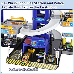 Car Garage Playset for 1:64 Police Cars, Racing Cars & Helicopter, Car Parking Playsets Toy with Elevator Parking Lot for Toddlers 1-3, Car Track for Kids Build Up to 5 Levels with 24 Parking Spaces