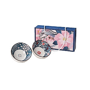 RYUHYF ceramic bowl, Japanese rice bowl, with gift box. 10 oz thick blue and white porcelain bowl, kitchen cereal bowl, dessert bowl (Two bowls set)