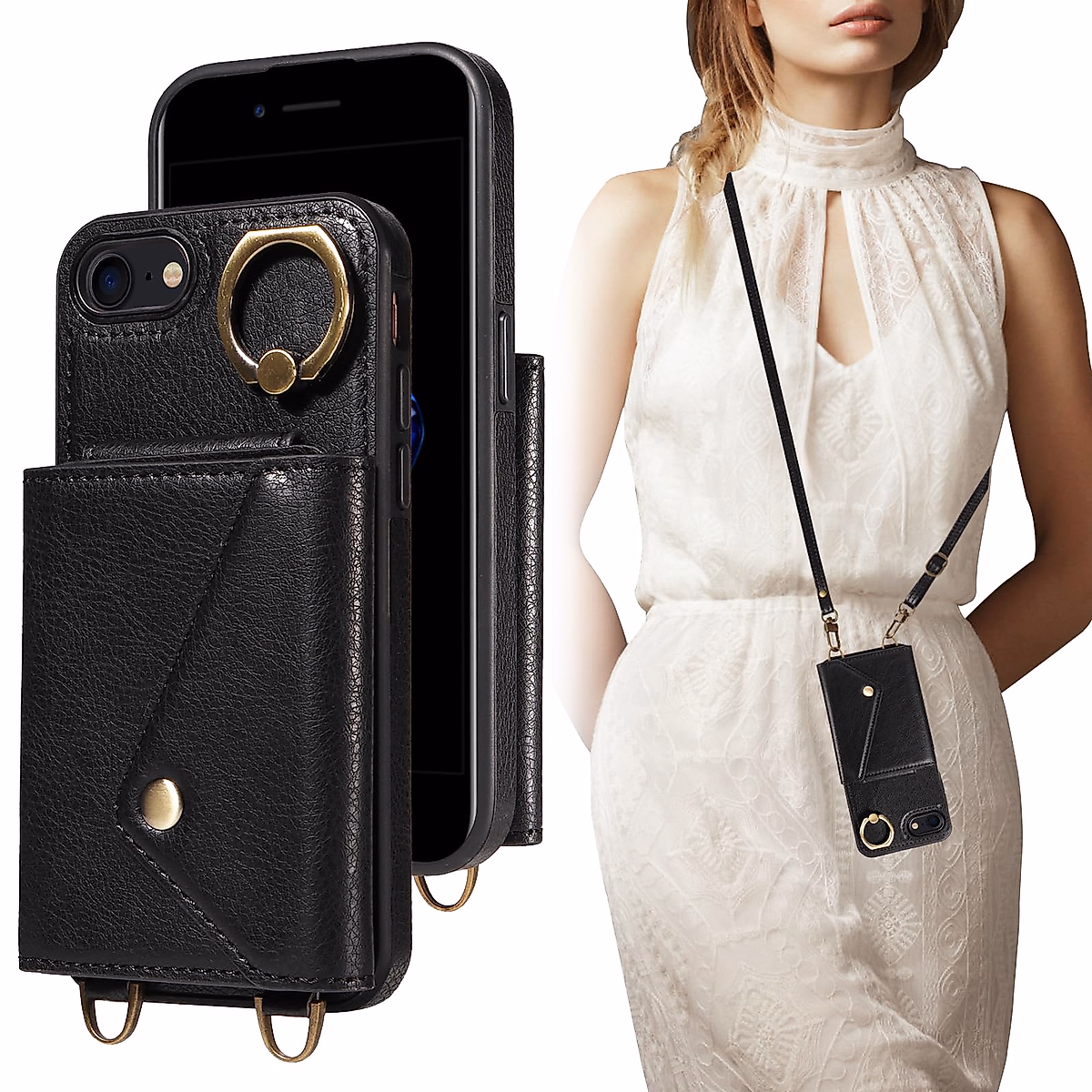 YIRRANZD Crossbody Wallet Case for iPhone SE 2020 / SE 2022/8 / 7 with Card Holder, Leather Case with Long Shoulder Strap, Purse Shockproof Flip Cover for iPhone SE 2020 / SE 2022/8 / 7 (Black)