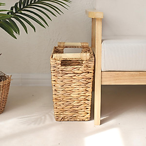 KINGWILLOW Wicker Waste Basket with Wood Handles, Woven Water Hyacinth Trash Can for Sundries Bedroom Bathroom Office