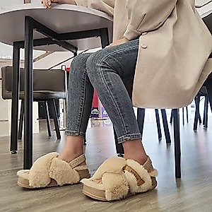 KUAILU Womens Fuzzy Criss Cross Band Platform Slippers Back Strap Fluffy Furry Faux Fur Ladies Open Toe Slingback Slide Slippers Cozy Soft Plush Fleece Comfy House Shoes Sandals Indoor Outdoor Beige 8
