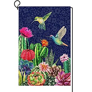 Baccessor Spring Hummingbird Cactus Garden Flag Double Sided 12.5x18 Inch, Summer Brid Floral Succulents Small Burlap Yard Flag Farmhouse Seasonal Outside Outdoor Decoration