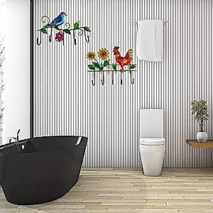 JFRISING Rooster & Bird Wall Hooks Hanging Plaque Sculpture, Sturdy Indoor Outdoor Metal Wall Art Decor with Life-Like Flower for Coat Keys Apron Towel Hook, Easy to Install 2 Pack