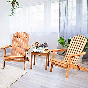 ReunionG 3Pcs Adirondack Chair and Table Set, Outdoor Wooden Lounger Chairs Set w/Widened Armrest, Eucalyptus Frame, Natural Finish, Foldable Chatting Furniture Set for Indoor, Patio and Garden