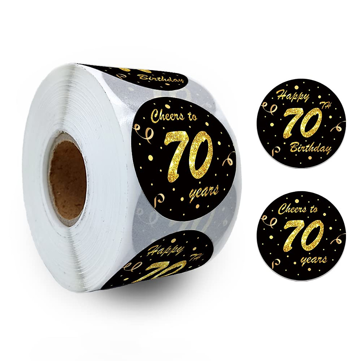 REWIDPARTY Black Gold 70th Birthday Stickers Rolls Cheers to 70 Years Stickers Happy 70th Birthday Stickers Birthday Party Favors Anniversary Party Decorations Adhesive Party Stickers(500 Per Roll)