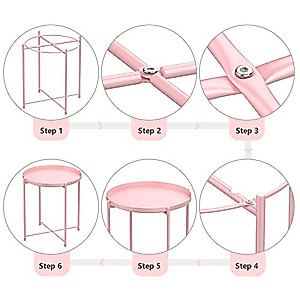H HOMEWINS Tray Metal Round End Table,Pink Folding Small Side Table Outdoor & Indoor Accent Coffee Table for Small Spaces,Bedroom,Patio