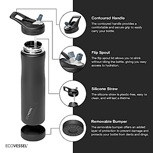 EcoVessel Summit, Insulated Stainless Steel Water Bottle with Straw and Handle Flip Top Lid and Silicone Bottle Bumper – 24 ounces (Green Ombre)