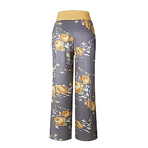 iChunhua Women's Comfy Stretch Floral Print Drawstring Palazzo Wide Leg Lounge Pants(XL,Yellow)