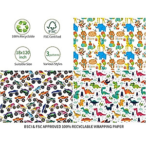 BULKYTREE Birthday Wrapping Paper for Boys Kids, Recycled Gift Wrapping Paper, Happy Animals, Cute Dinosaur, Monster Truck Gift Wrap for Birthday Baby Shower and Holiday - 3 Pack, 18 x 120 Inch Per Roll