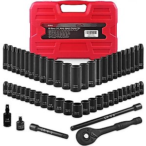 EACELIY 55pcs 1/4" Impact Socket Sets,SAE/Metric, Deep/Shallow, 6 Point，Cr-V Steel，(5/32"-9/16", 4-15mm) Sockets with 72 Tooth Ratchet，Extension bar，Universal Joint and Socket Adapter