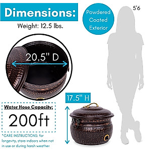 BIRDROCK HOME Decorative Water Hose Holder with Lid | Holds 200ft Hoses | Distressed Bronze | Ground Garden Hose Pot | Handle | Embossed | Steel Metal with Copper Accents | Outdoor or Indoor Use