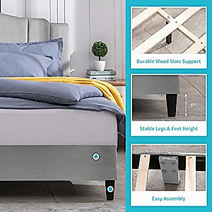 CECER Adjustable Headboard California-King Size Platform Bed Frame | Upholstered Bedframe with Headboard Covered in Dutch Velvet | Solid Wood Slat Support | Easy Assemble-Light Grey