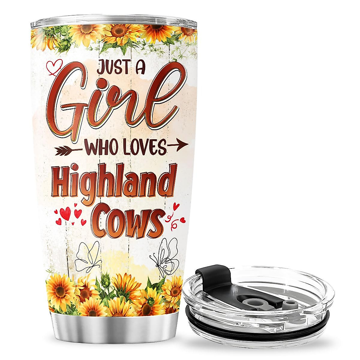 JENOIS Just A Girl Highland Cow, Tumbler 20 Oz With Lid And Straw, Highland Cow Gifts, Sunflower Flower Cups Floral
