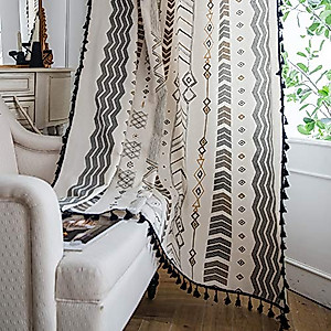 ColorBird Geometric Semi-Blackout Window Curtains 2 Panels Tribal Style Cotton Linen Darkening Curtains with Black Bordered Tassel Rod Pocket Window Drapes for Living Bedroom, 59W x 84L Inch, 1 Pair