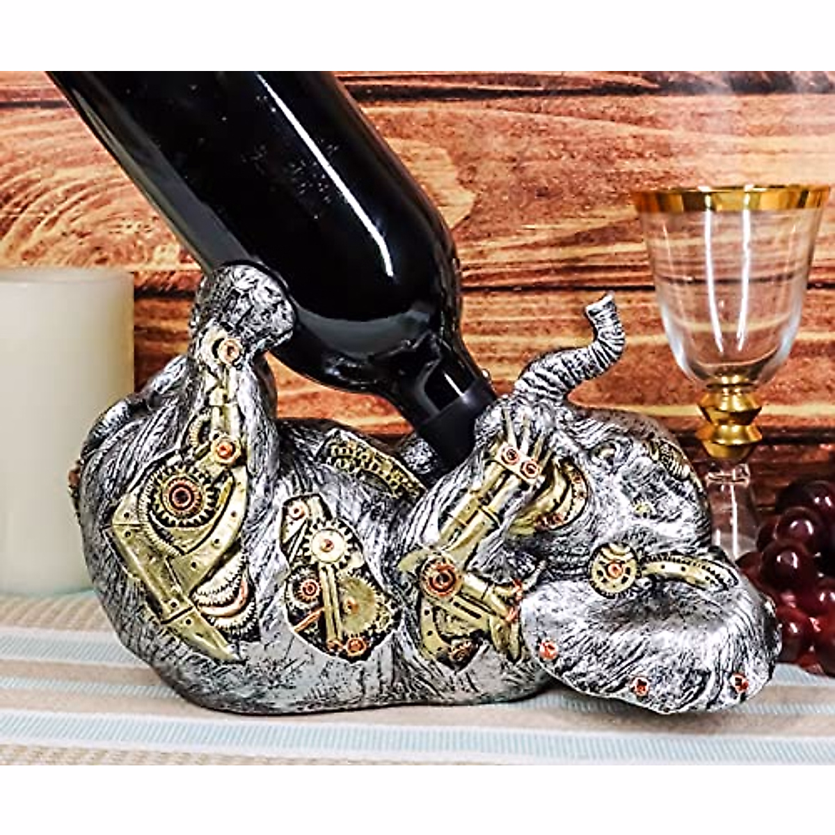 Ebros Steampunk Industrial Victorian Sci Fi Cyborg Robotic Elephant Wine Bottle Holder Figurine 9" Long with Painted Gearwork Clockwork and Mechanical Parts Party Hosting Accessory Elephants