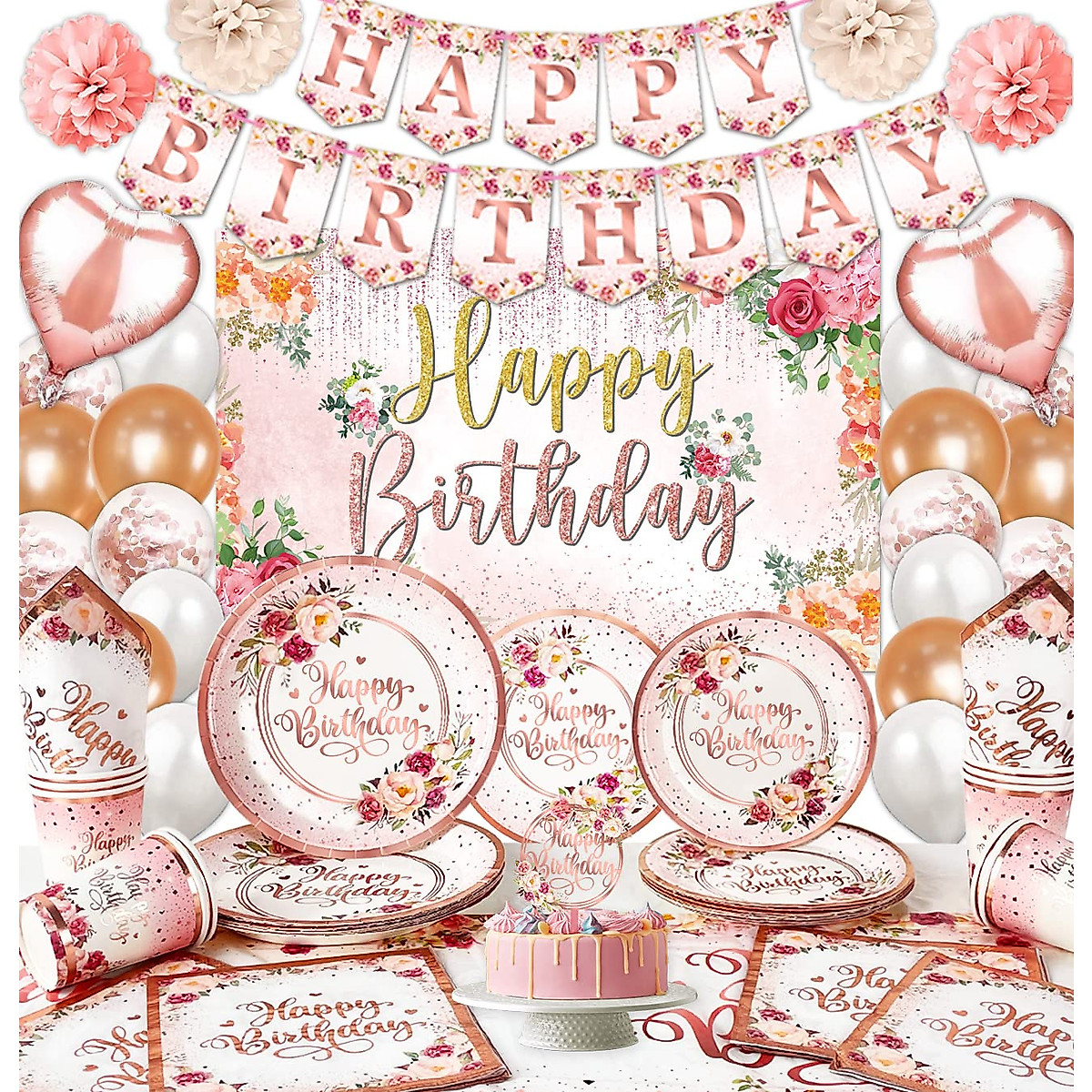 Haimimall 110 Pcs Boho Birthday Party Decorations Backdrop Pink Rose Gold Floral Balloons Happy Birthday Banner Tableware Set Include Plates Cups Cake Topper and Tablecloth for Baby Shower Girl Women