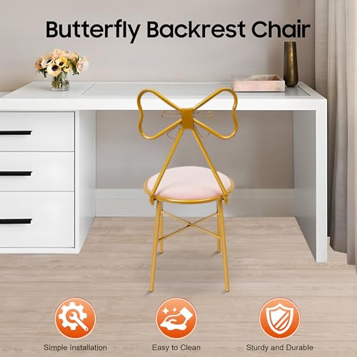 Pink Butterfly Dressing Chair Makeup Chair, Velvet Cushion Deep Gold Metal Frame Chair Lounge Dresser Chair with Bow Backrest and Velvet Cushion Used for Bedroom Home Garden Living Room(Light Pink)