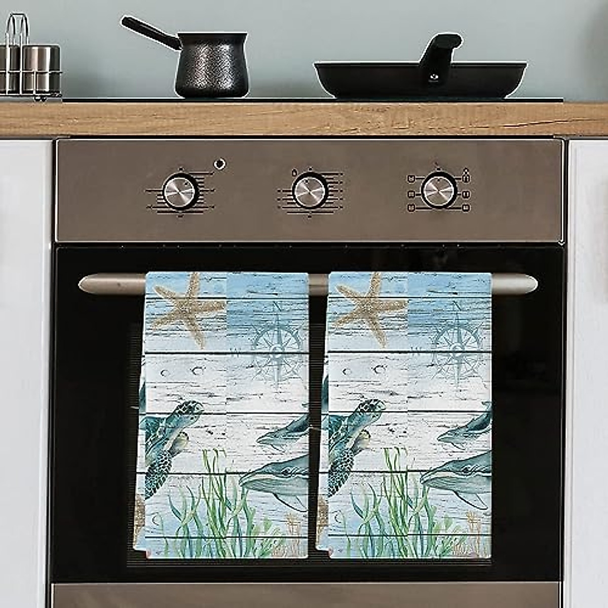 Kitchen Towels Sea Whale Starfish Absorbent Tea Towel Soft Hand Dish Towel Rustic Wood Ocean Compass Blue Reusable Washable Cleaning Cloth Bath Towels for Bathroom Bar for Everyday Cooking (Pack of 1)