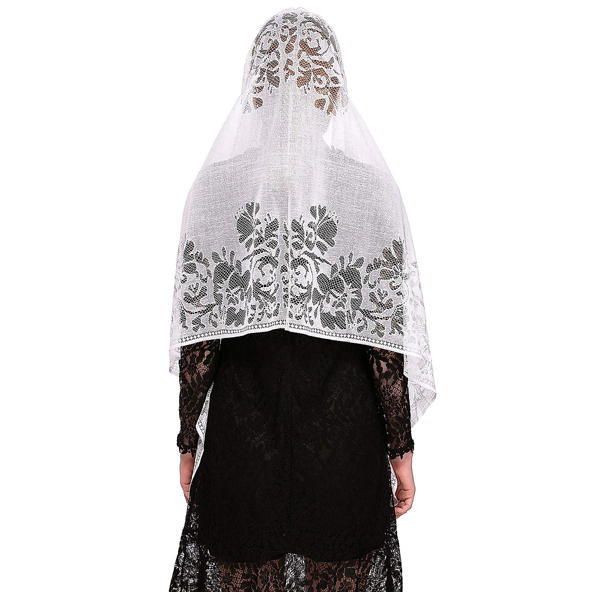 PAMOR Chapel Veil Scarf Mantilla Veils Rectangular Wrap Shawl Mass Head Covering with Fringe Trim (White)