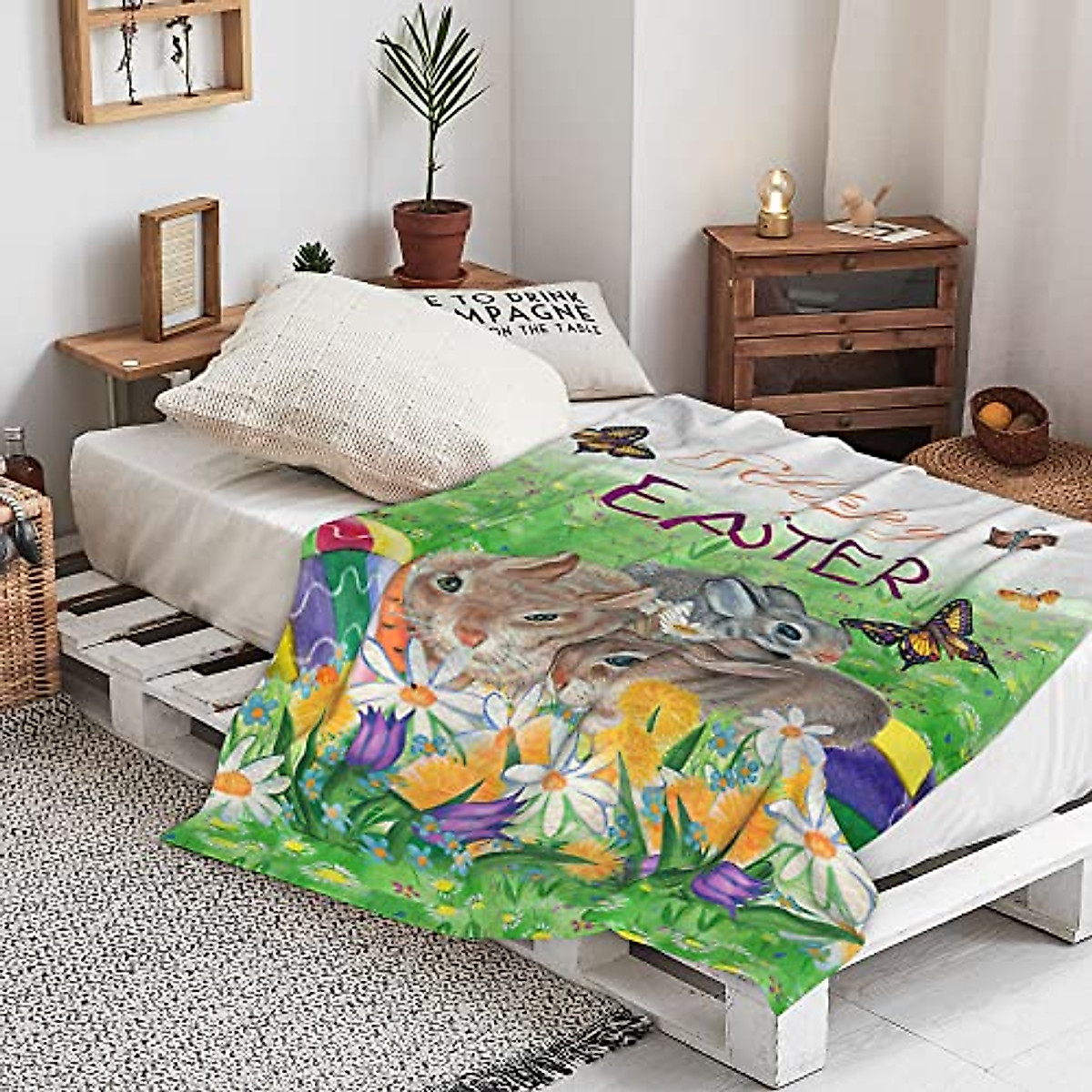 Happy Easter Blanket Easter Rabbit Bunny Eggs Spring Easter Throw Blanket Soft Lightweight Durable Flannel Blanket for Bed Sofa Couch Camping Travel 40"x50"