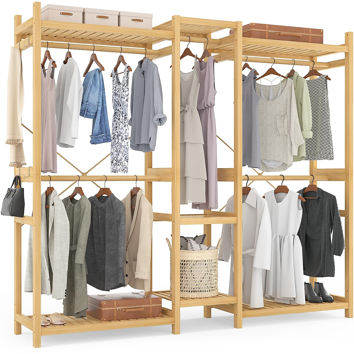 Homykic Bamboo Closet System Clothes Rack, Large Freestanding Garment Rack Clothing Rack for Hanging Clothes with 7 Storage Shelves and 5 Rods, Open Wardrobe Organizer with 4 Hooks, Natural