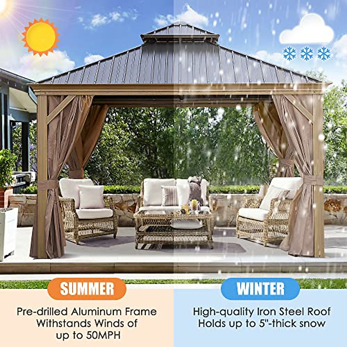 Goohome 12 x 12FT Hardtop Gazebo, Aluminum Frame Double Roof Canopy with Mosquito Net and Curtains, Outdoor Permanent Hard Top Waterproof Pergola for Shade and Rain for Lawn, Deck，Patio