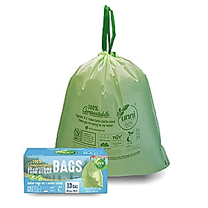 UNNI 100% Compostable Drawstring Bags, 13 Gallon, 49.2 Liter, 30 Count, Heavy Duty 1 Mils, Tall Kitchen Food Scrap Waste Bags, ASTM D6400, EN 13432, US BPI & OK Compost Home Certified, San Francisco