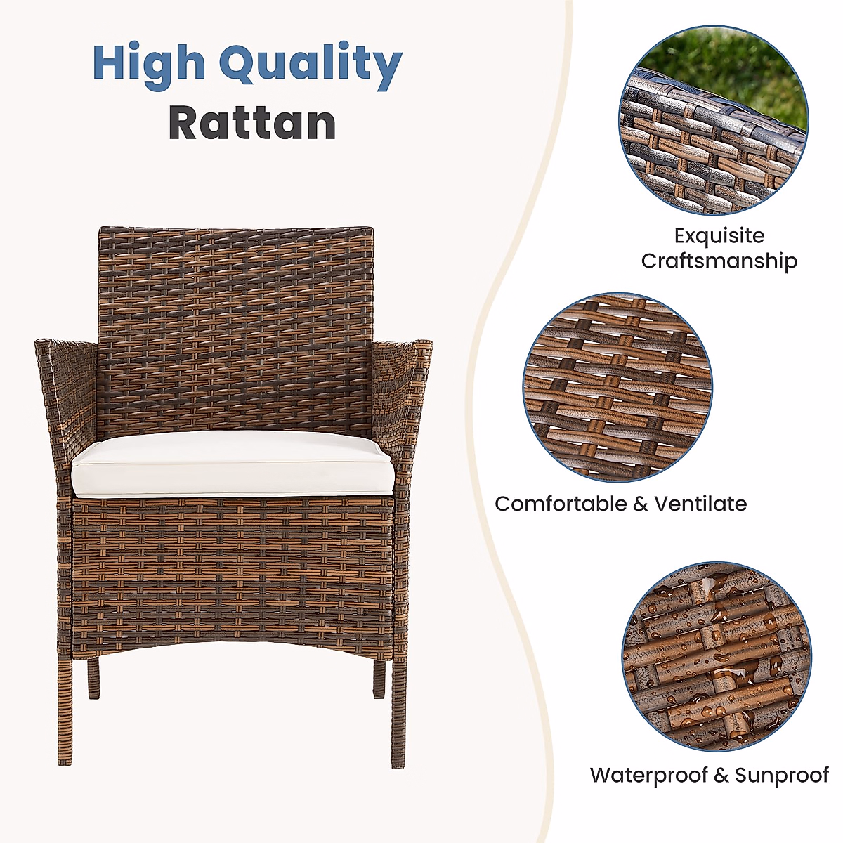DUMOS Patio Furniture Set 3 Pieces, Outdoor Wicker Furniture with Coffee Table, Modern Rattan Patio Chairs Conversation Sets with Sofa for Garden, Terrace, Porch, Balconies, Lawns(Brown and Beige)
