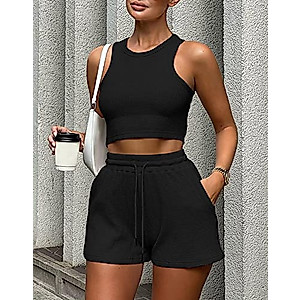 PEIARA 2 Piece Shorts Set for Women Outfits Vacation Linen Lounge Set Waffle Crop Top And Drawstring Shorts Set Tracksuits