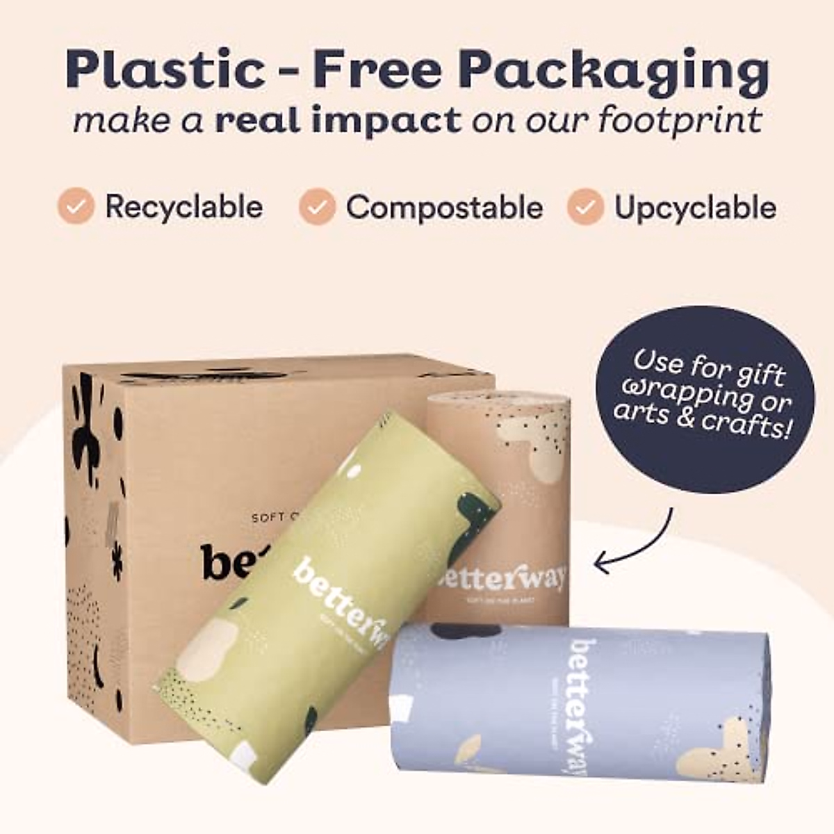 Betterway Bamboo Paper Towels - 6 Rolls, 2 Ply - Plastic Free, Disposable Kitchen Paper Towels - Select Size, Tree Free, Compostable, Strong & Absorbent - Sustainable Product w/Eco Friendly Packaging