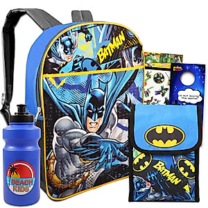 Fast Forward Batman Backpack with Lunch Box Set - Bundle with 16'' Batman Backpack, Batman Lunch Box, Water Bottle, Stickers, More Batman Backpack for Boys 4-6