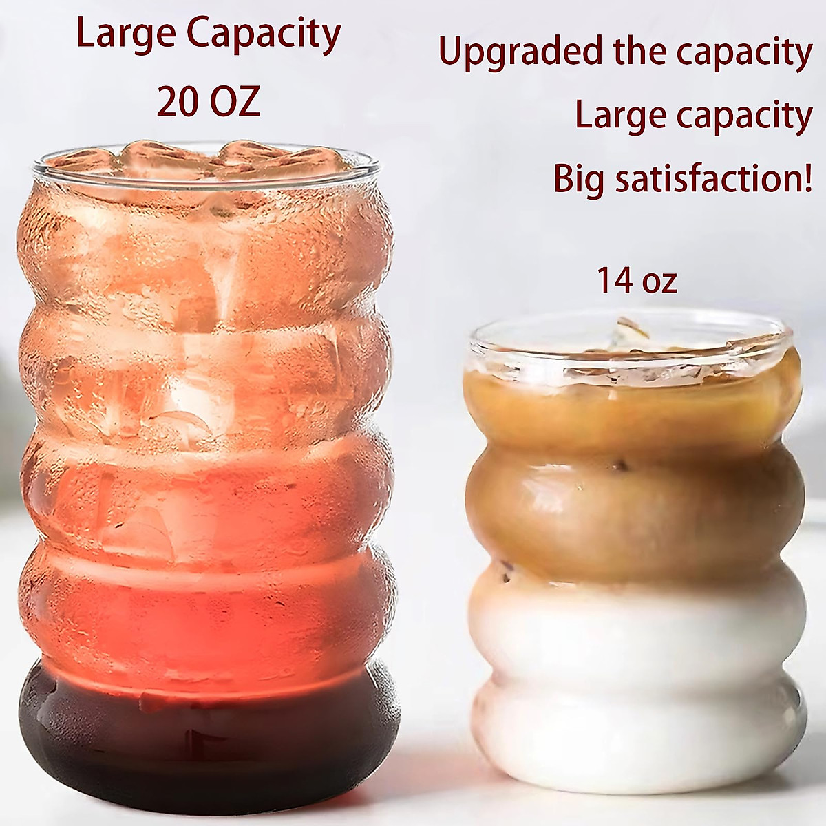 Ework4U 2 Pcs 20oz Drinking Glasses Set with Straws, Cute Iced Coffee Glass Cups, Iced Coffee Tumblers, Thick Drinking Jars for Smoothie, Boba Milk Tea, Ideal for Gift, with Straw Brush