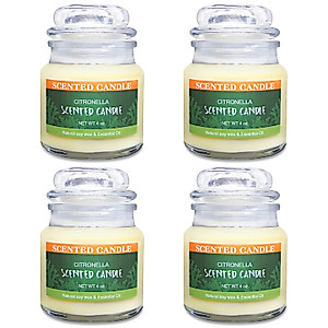 Citronella Candles 4-Pack, 4oz Yellow Soy Wax with Lemongrass Essential Oil - Scented Glass Jar Candles for Outdoor and Indoor Use