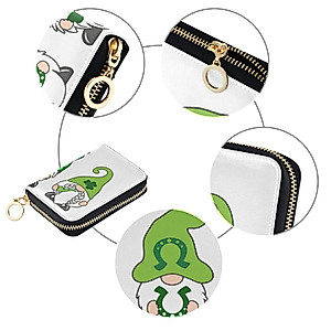 St Patrick Day Gnomes with Green Shamrock Clovers Leaves on WhiteGrey Credit Card Coin wallet, RFID Blocking Compact Women Leather Card Holder, Key Change Organizer, Zipper Purse Clutch Pouch