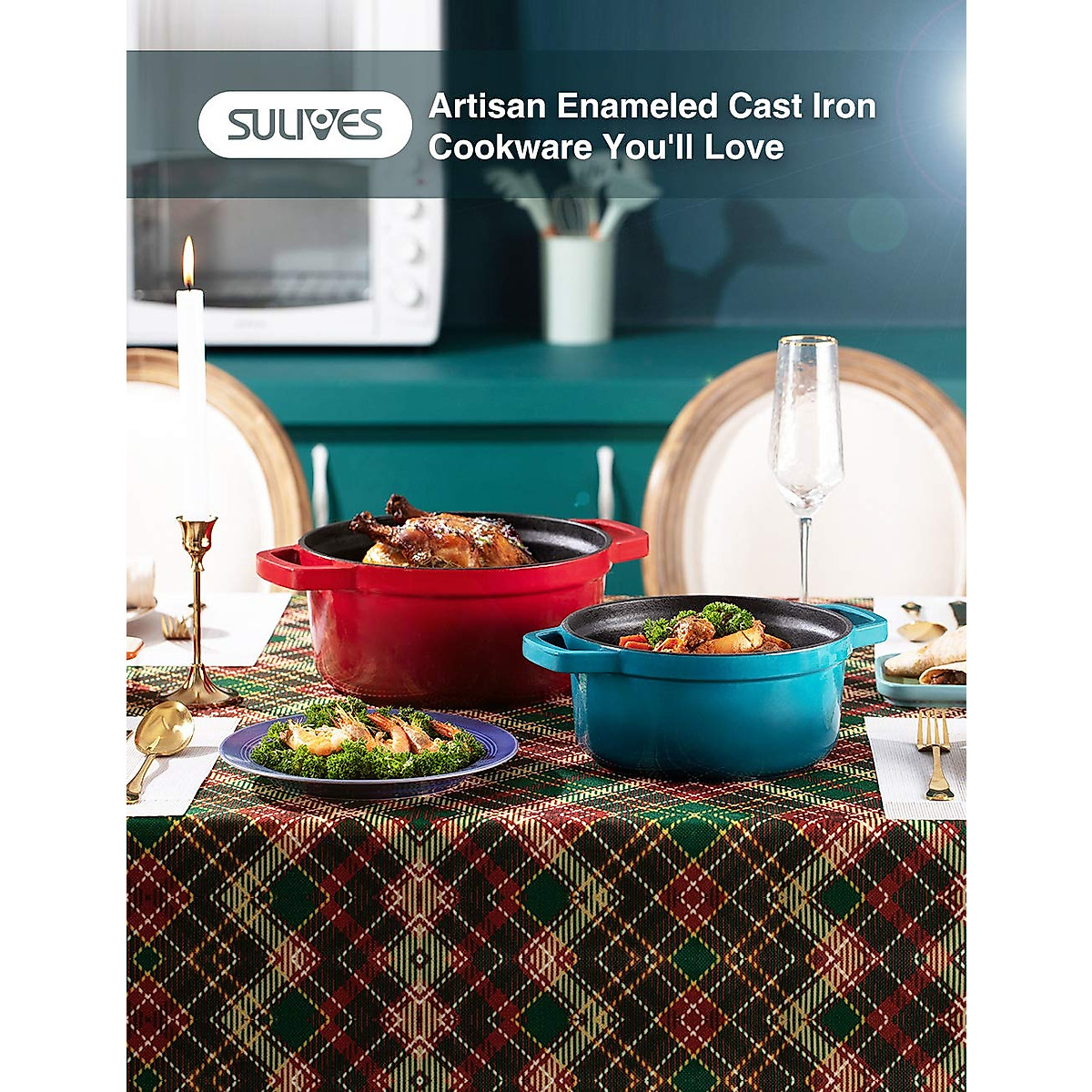 SULIVES Enameled Cast Iron Dutch Oven Non-Stick Cookware Pot with Lid Suitable for Bread Baking Use on Gas Electric Oven 1.5 Quart, Red