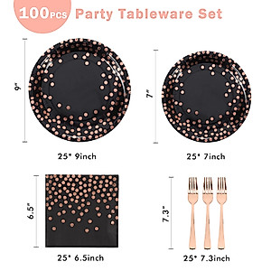 CENLBJ Black and Rose Gold Party Supplies,Disposable Party Dinnerware,Black Rose Golden Dot Paper Plates,Napkins,Forks forWeddings Birthday Graduation Decor Serve 25