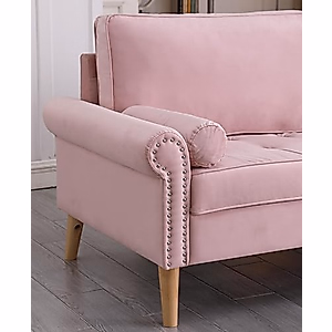 RXRRXY Modern Loveseat Sofa,Velvet Loveseats for Small Spaces, Mid Century 3 Seater Sofas,Button Tufted Upholstered Couch for Bedroom,with Pillow,Suitable for Living Rooms, Apartments,Office. (Pink)